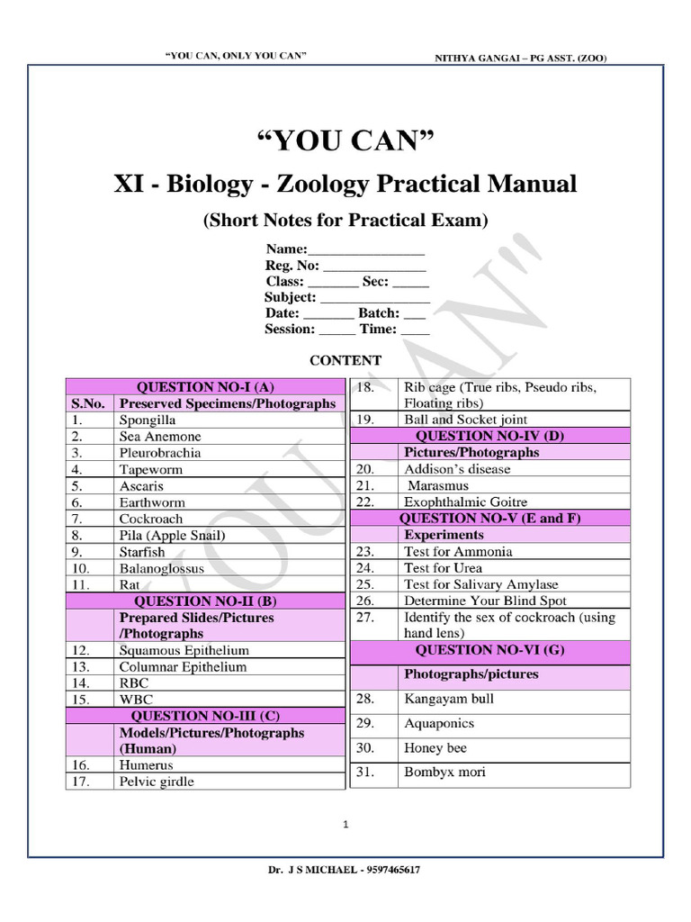 11th - Bio-Zoo - (EM) Practical - Study Material-1 | PDF