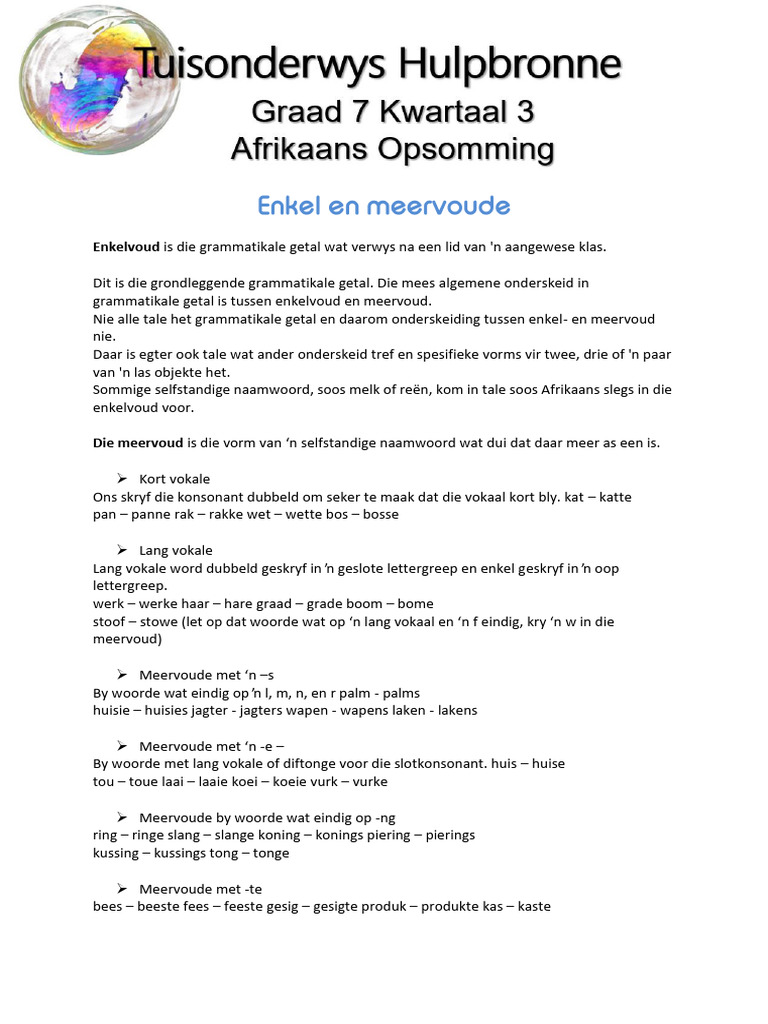 Graad 7 Kwartaal 3 Afrikaans Opsomming | PDF