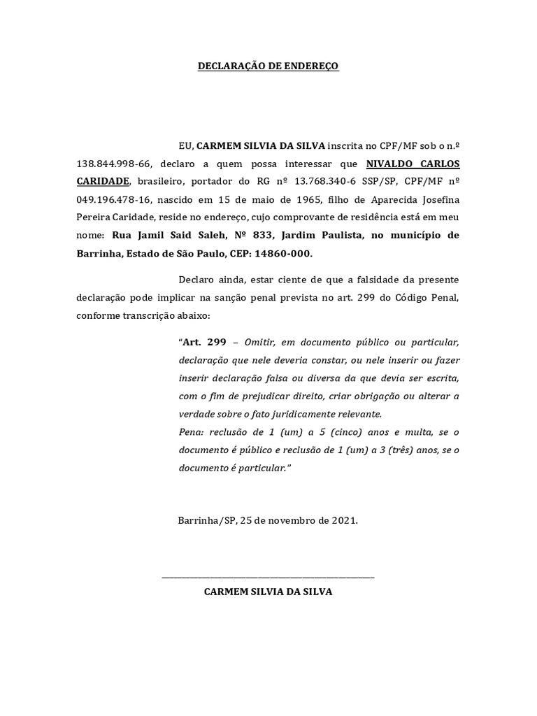 Declaração de Endereço Residencial | PDF