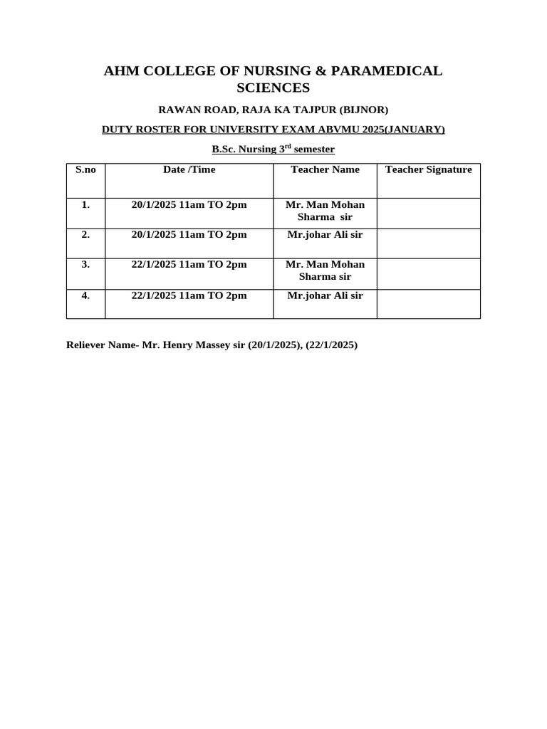 Duty Roster For University Exam January Month (3rd Semester) | PDF