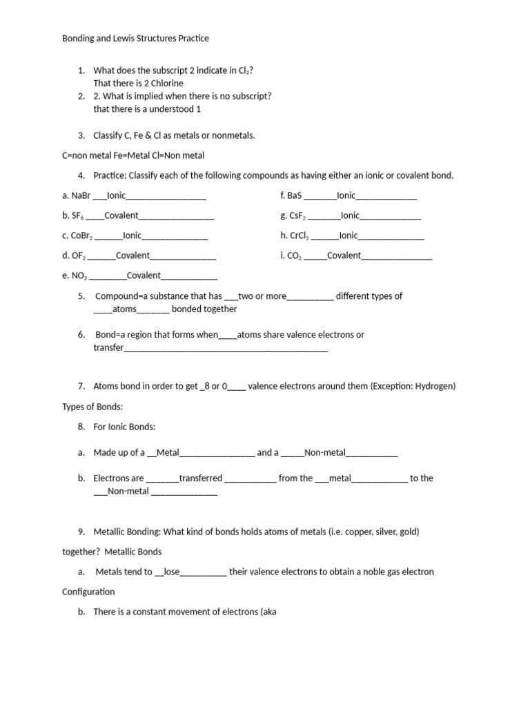 Bonding and Lewis Diagram Practice | PDF | Chemical Bond | Chemical ...