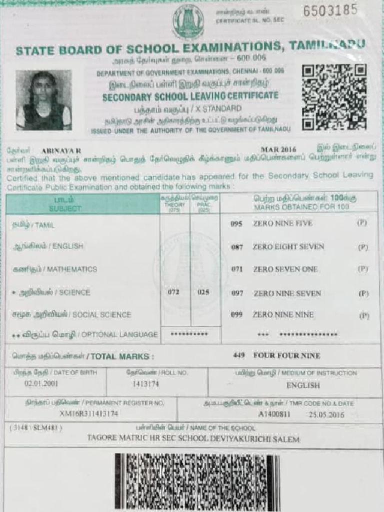 ABINAYA. R (10th Marksheet) | PDF
