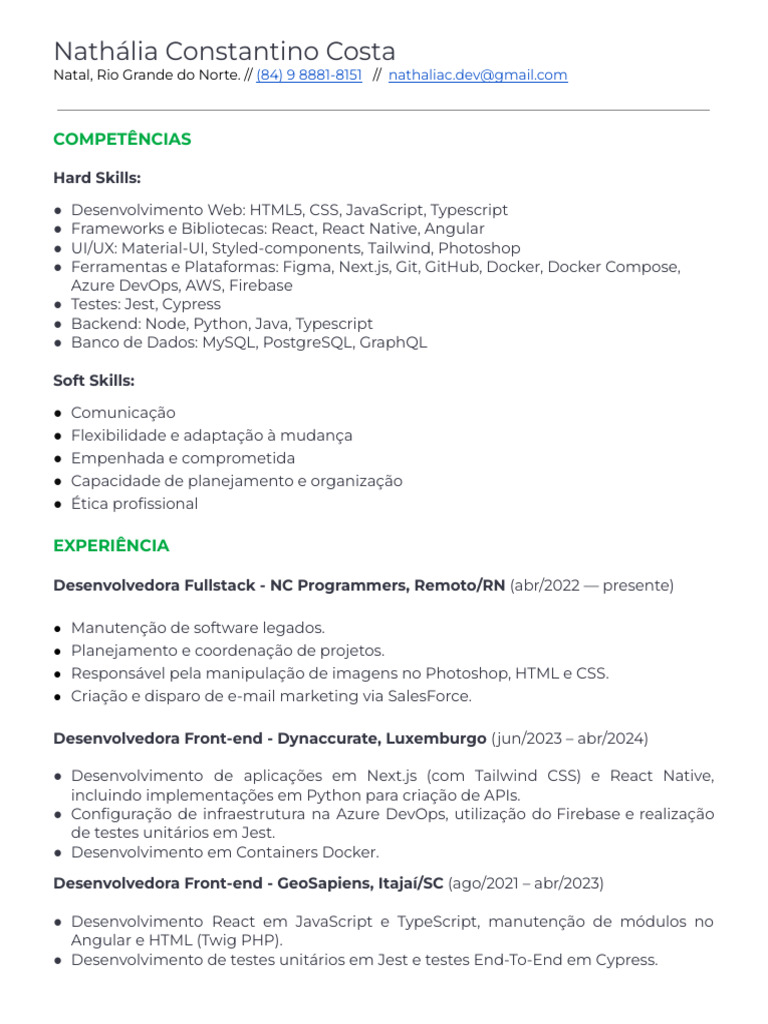 Currículo de Desenvolvedora Fullstack | PDF
