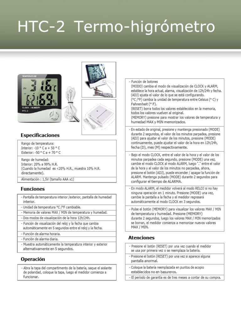 FICHA TECNICA HTC-2 Termo-Higrómetro | PDF | Termodinámica | Propiedades termodinámicas.