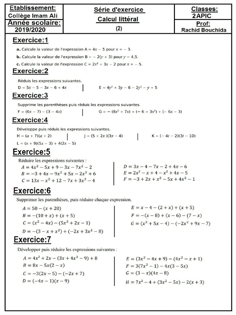 Série 2 d'Exercice - Calcul Littéral - 2APIC - Copie | PDF