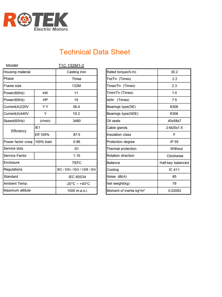 Technical Data for T1C 132M1-2 Motor | PDF