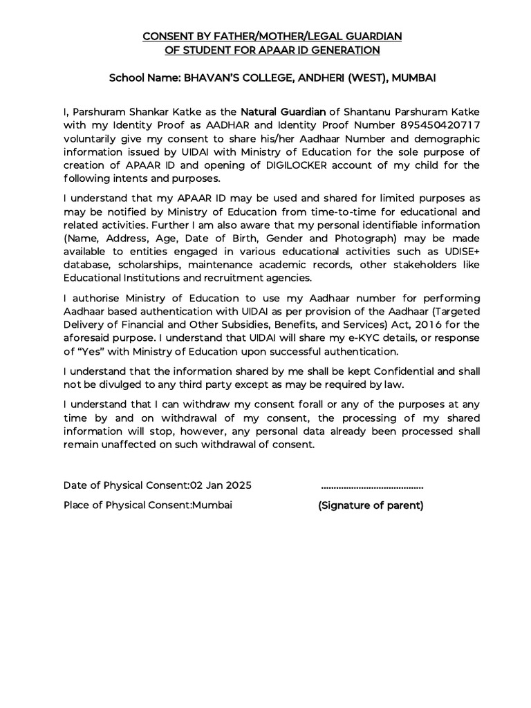 Shantanu Consent_form_APAAR ID by parent'a | PDF