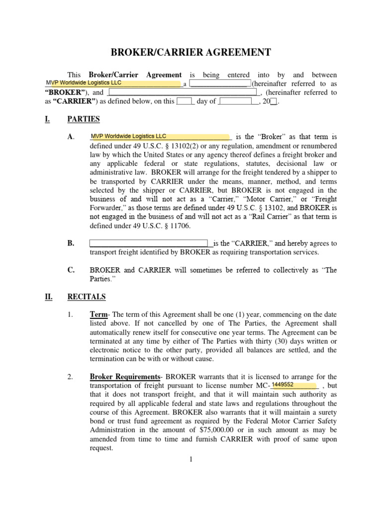 MVP Carrier Broker Agreement Fillable | PDF | Cargo | Indemnity