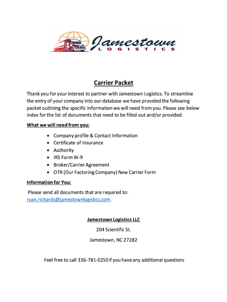 Jamestown Logistics Carrier Packet 1 | PDF | Indemnity | Insurance