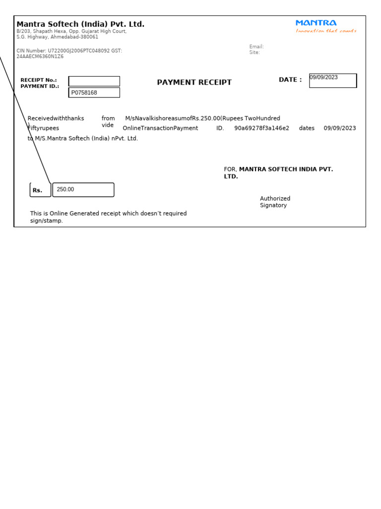 Mantra Softech Payment Receipt | PDF