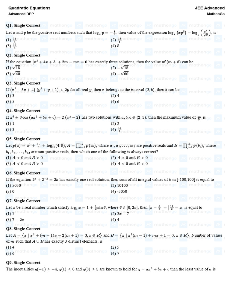 JEE Advanced Quadratic Equations DPP | PDF | Zero Of A Function ...