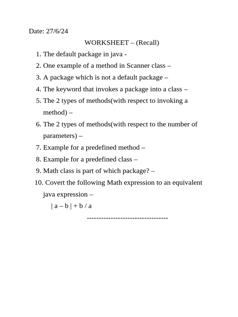 Java Math and Methods Worksheet | PDF