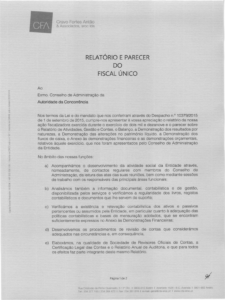 Relatório e Parecer do Fiscal Único 2019 | PDF | Contabilidade
