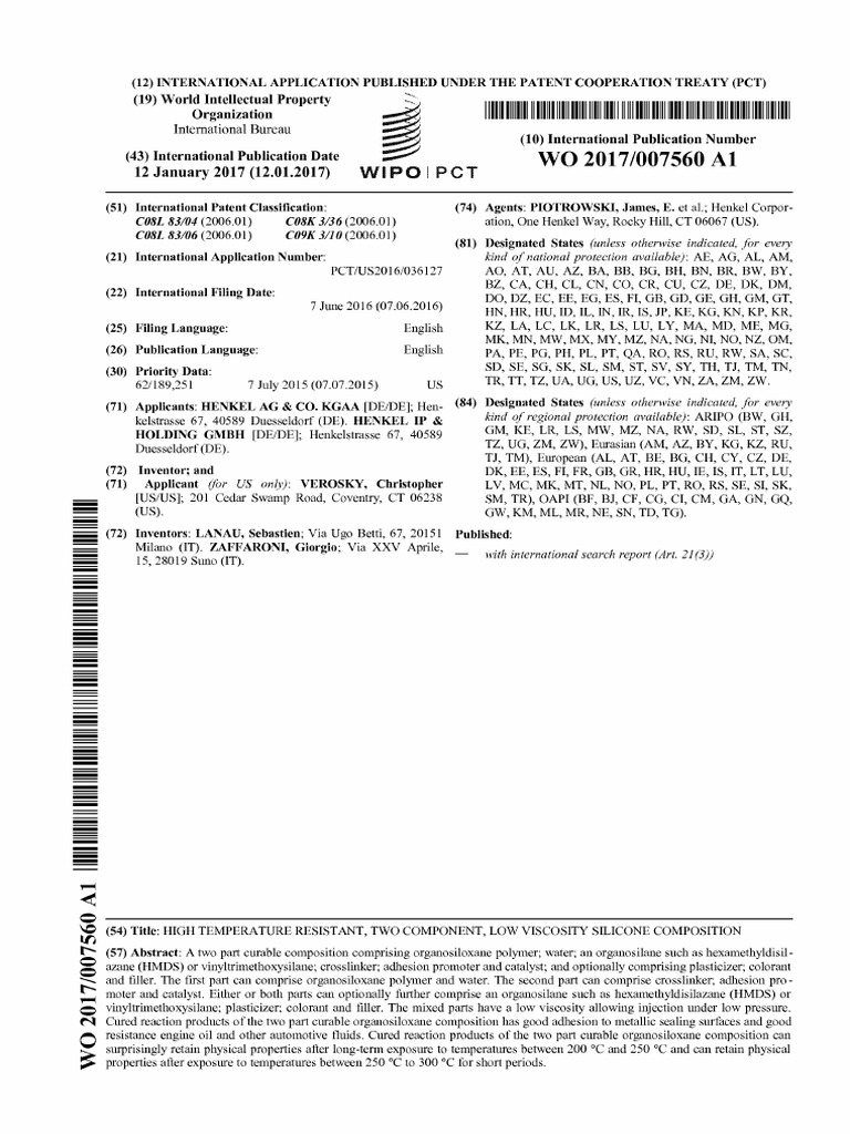 WO2017007560-High Temperature 2K Silicone | PDF