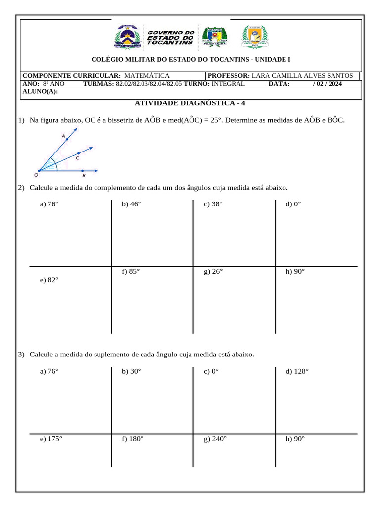 Atividade Matemática - Ângulos Complementares e Suplementares | PDF | Ângulo