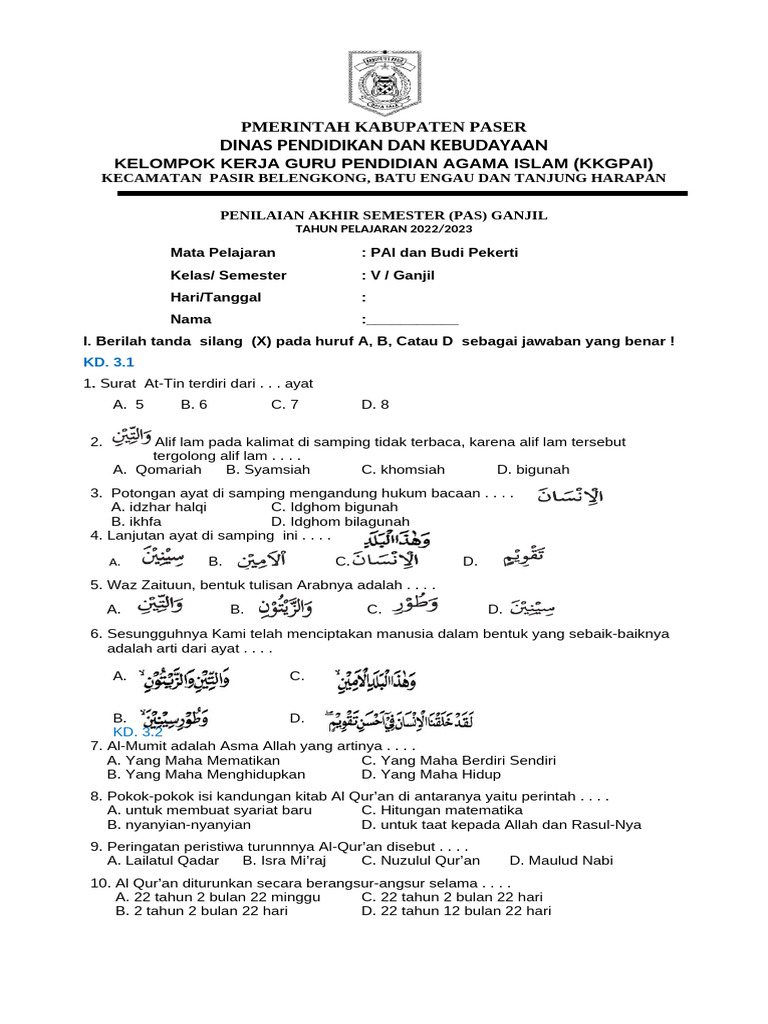Soal PAS PAI Kelas 5 K 13 Smt 1-1 | PDF