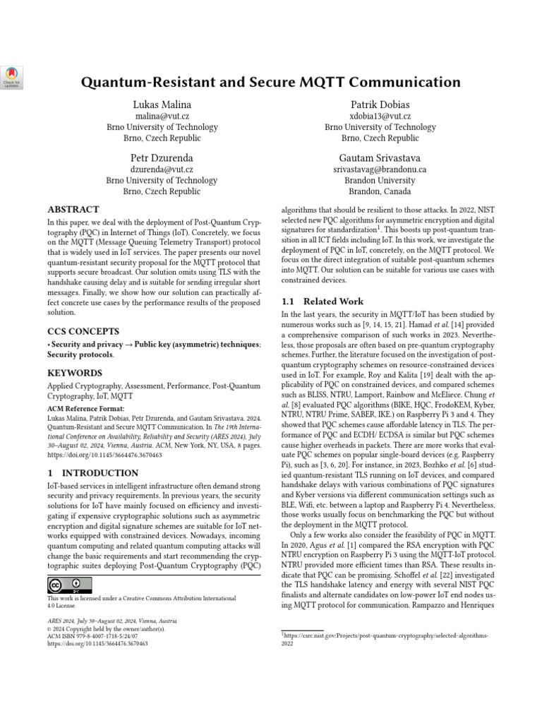 Quantumresistant and Secure MQTT Communication | PDF | Public Key ...