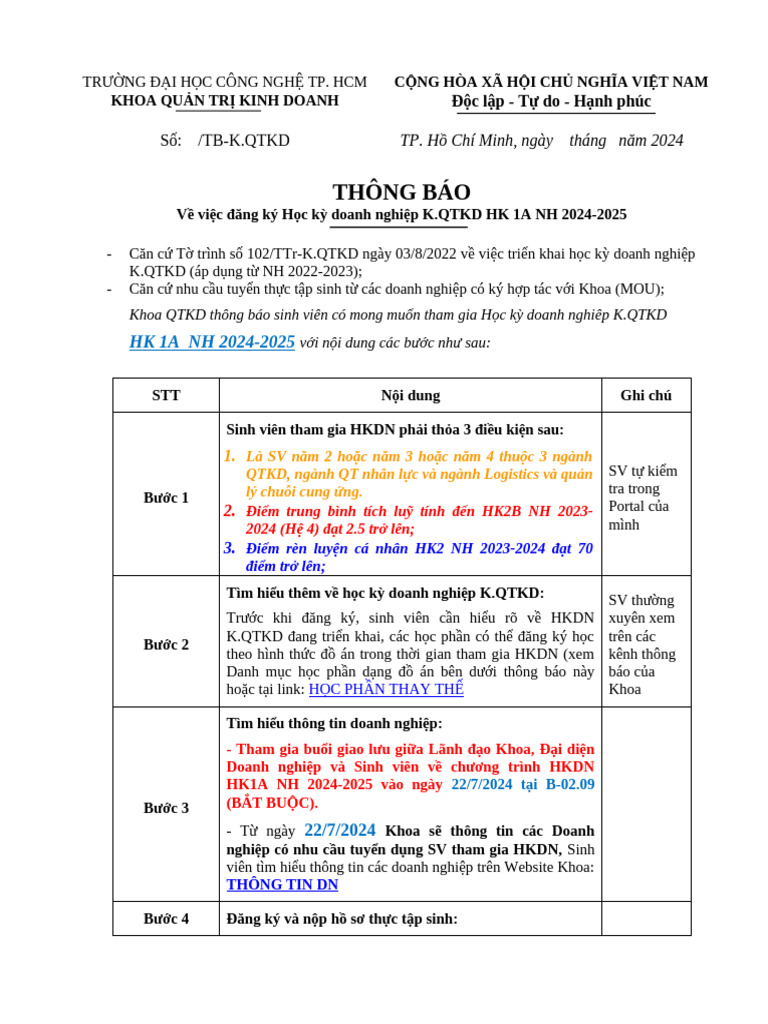 Thông Báo: HK 1A NH 2024-2025 | PDF