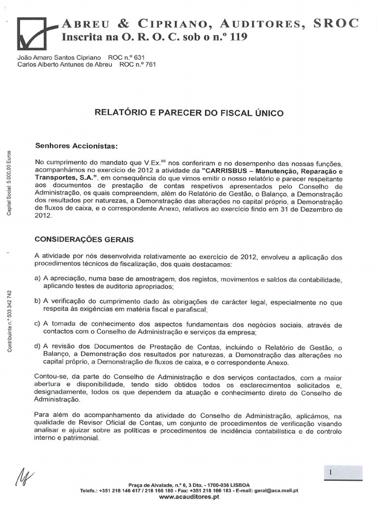 Relatorio e Parecer Do Fiscal Unico 2012 | PDF