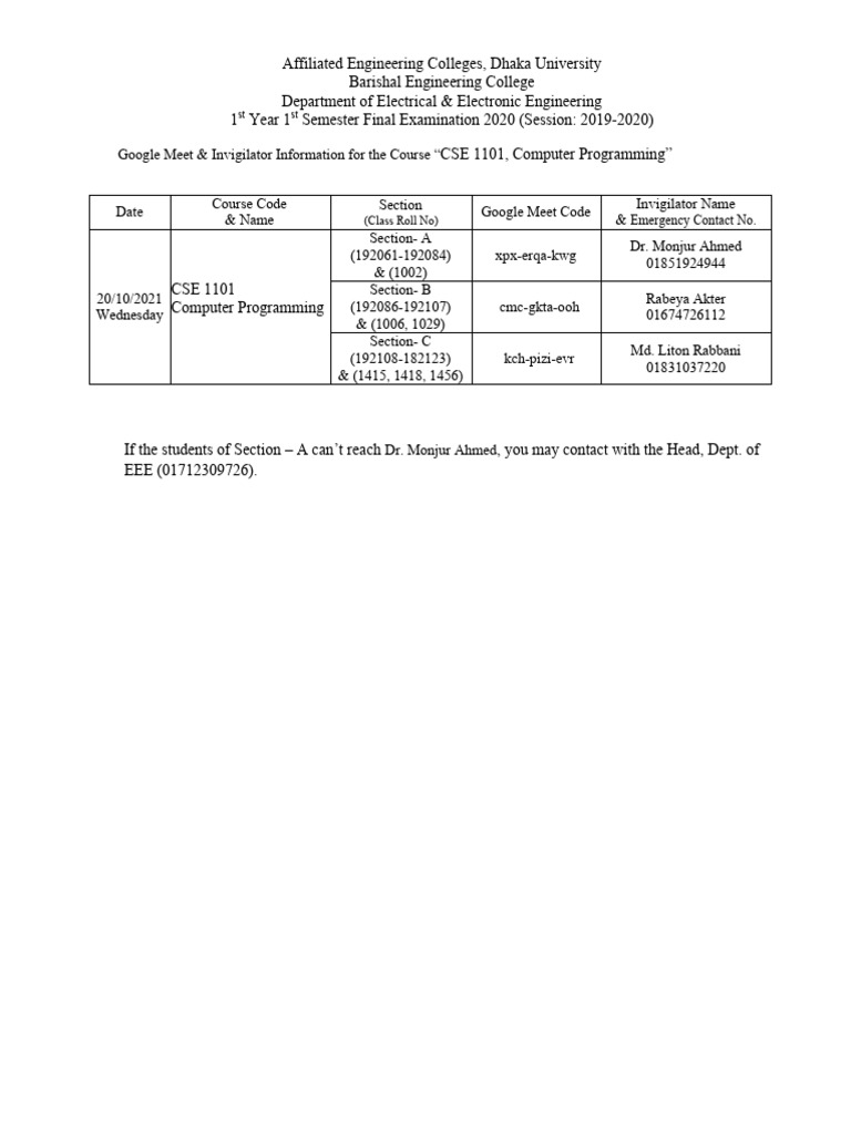 Google Meet Link and Invisilators Information (CSE 1101) - 20-10-2021 | PDF
