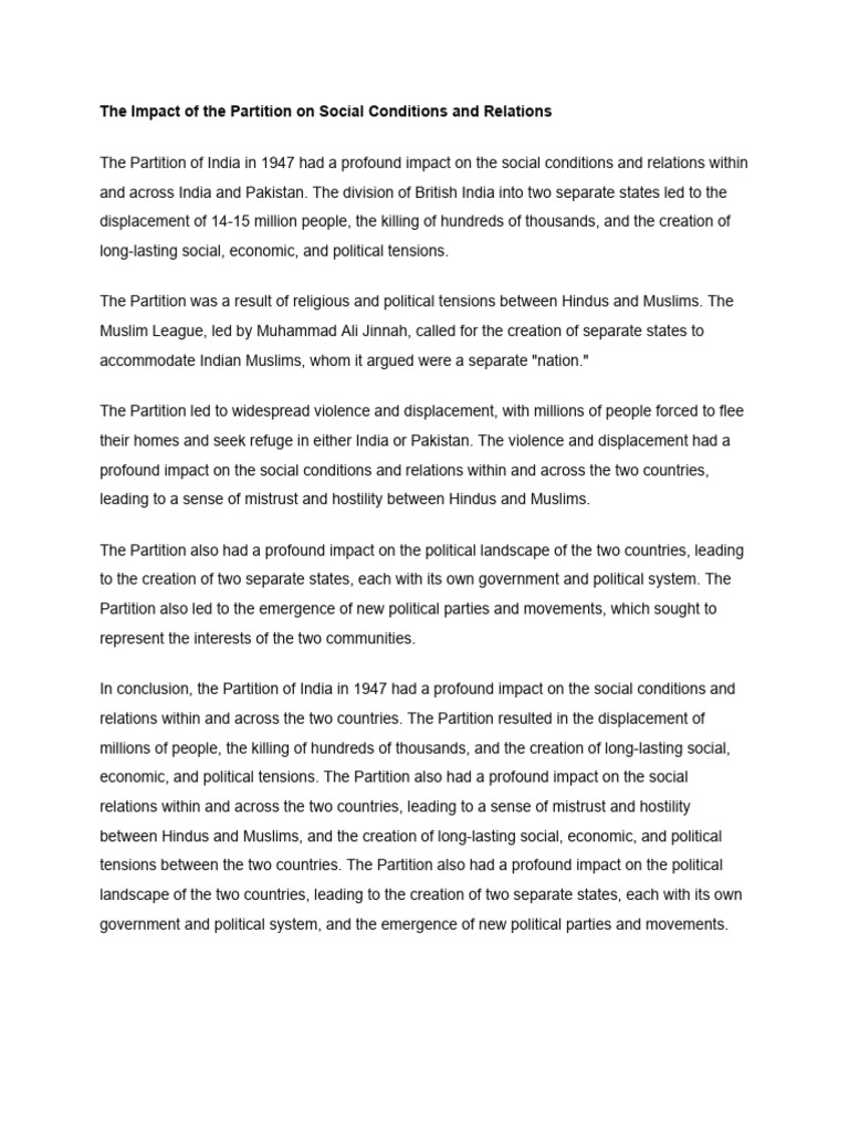 The Impact of The Partition On Social Conditions and Relations | PDF