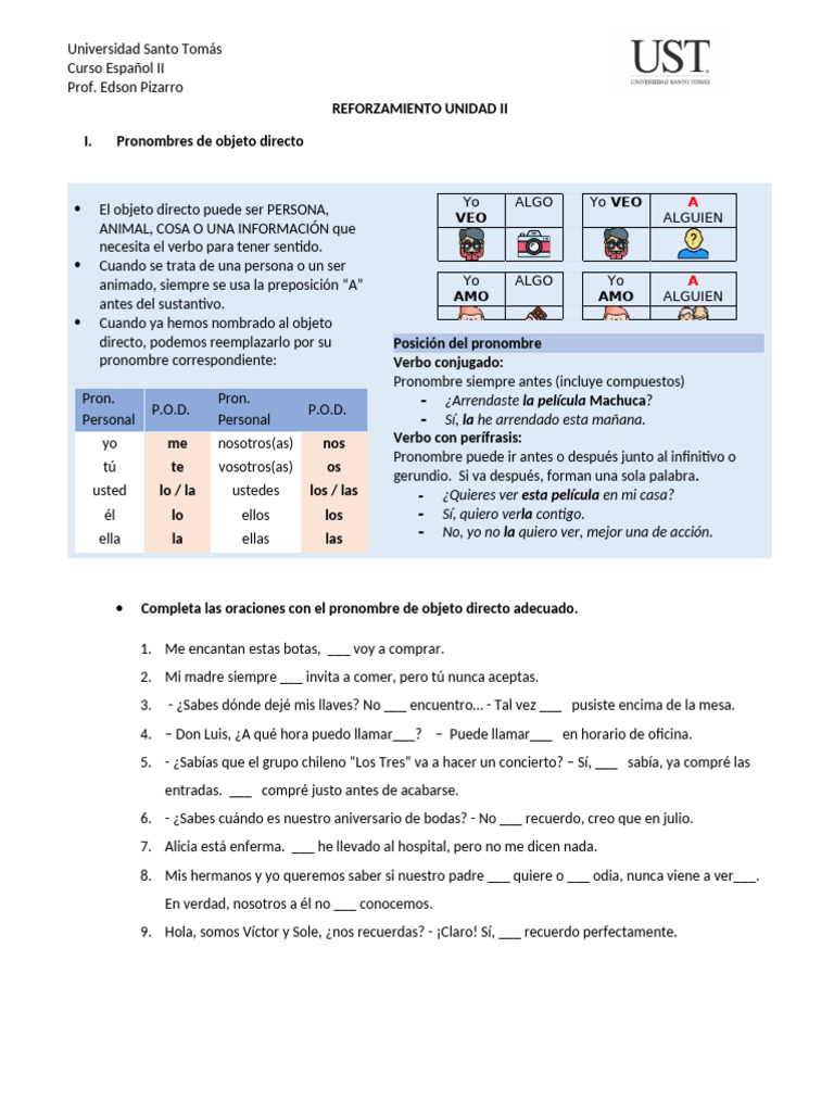 Ejercicios Pr Ctica Pronombres Objeto Directo e Indirecto 01 | PDF