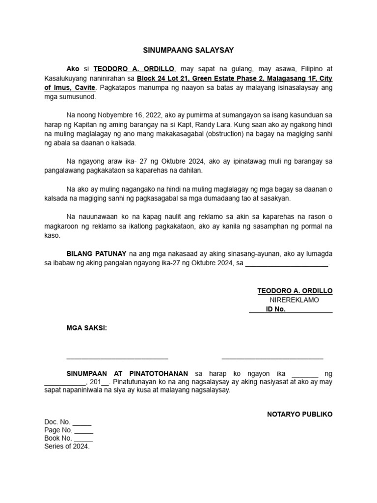 Sinumpaang Salaysay | PDF