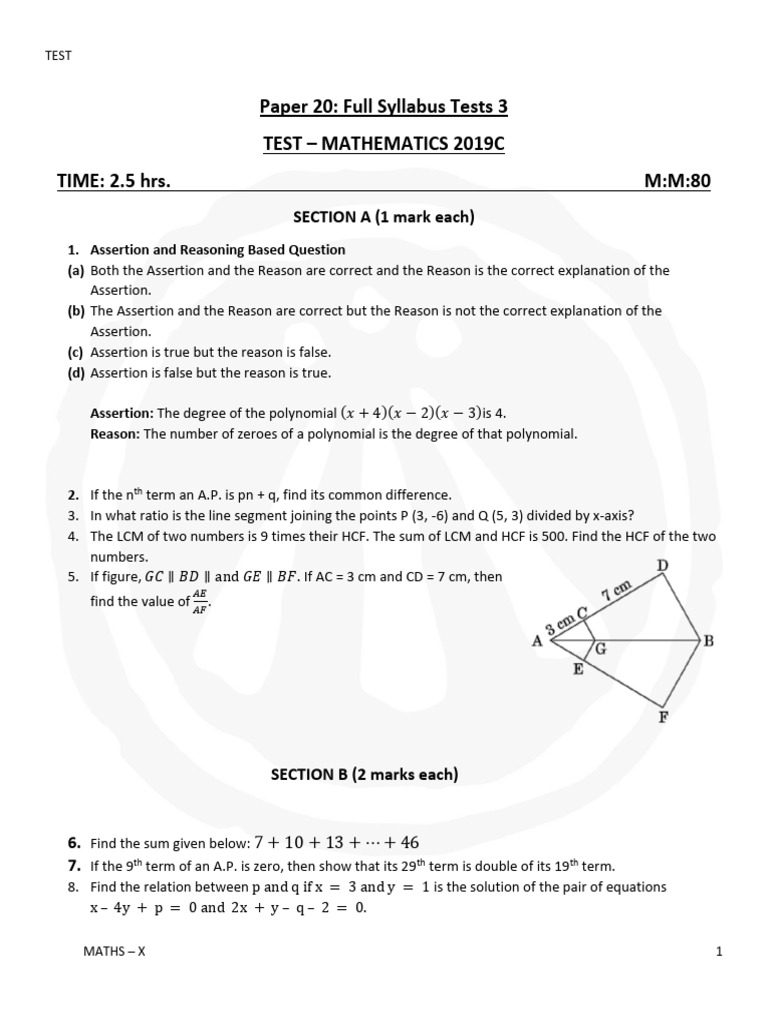 1738227729paper 20 03. 2019C 30-1-1 TEST - MATHEMATICS (O.5) | PDF ...