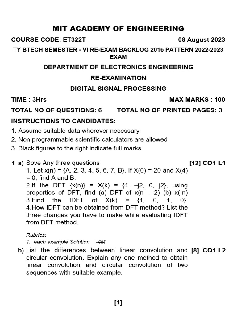 TY-Btech - ET - Digital Signal Processing - SEM - VI - AUG 2023 | PDF | Discrete Fourier ...
