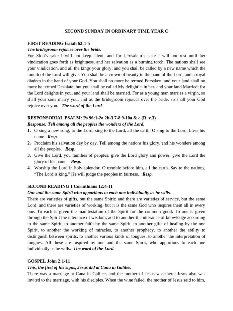 SECOND SUNDAY IN ORDINARY TIME YEAR C | PDF | Jesus | New Testament People