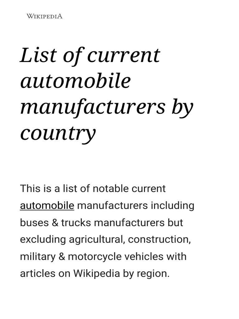 List of Current Automobile Manufacturers by Country - Wikipedia | PDF ...