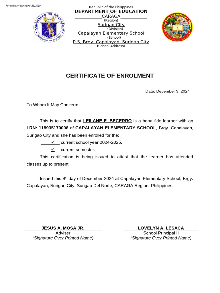 2024 Certificate of Enrolment | PDF