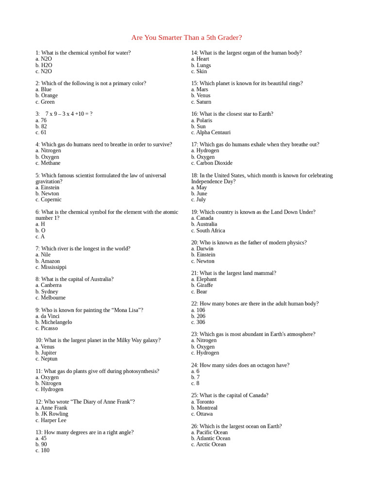 Fun Quiz: 5th Grade Knowledge Test | PDF | Oxygen | Oceans