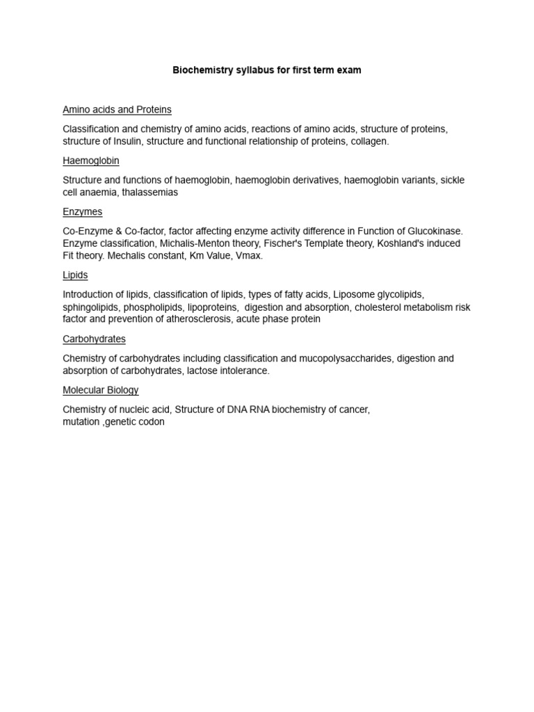 Biochemistry Syllabus For First Term Exam | PDF