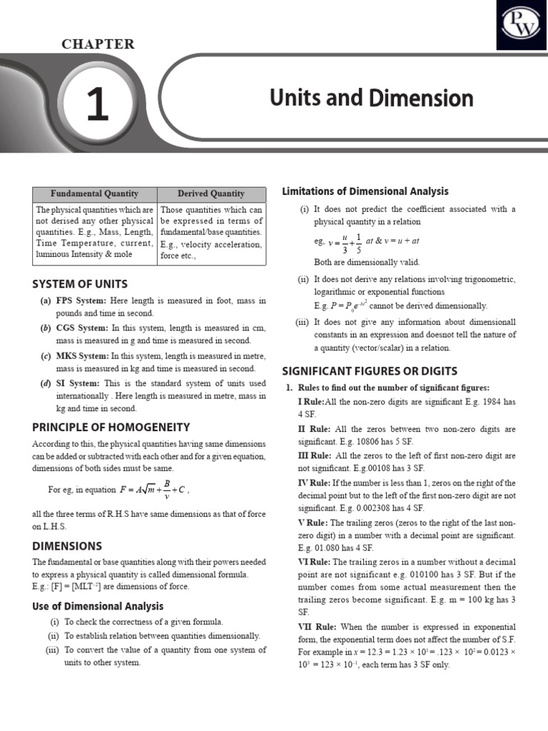Units and Dimension - Short Notes - Yakeen 2.0 2024 (Alpha) | PDF ...