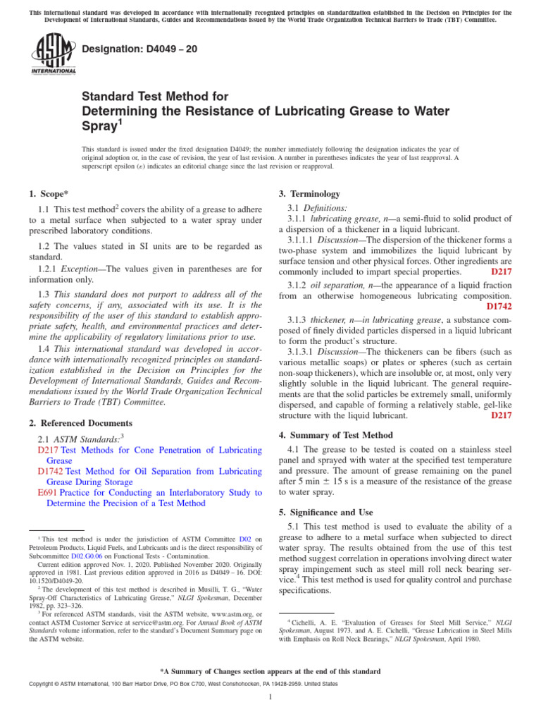 ASTM D4049-20 Determining the Resistance of Lubricating Grease to Water ...