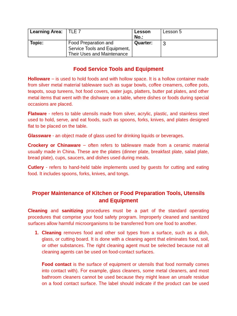 Food Prep Tools: Uses & Maintenance Guide | PDF | Tableware