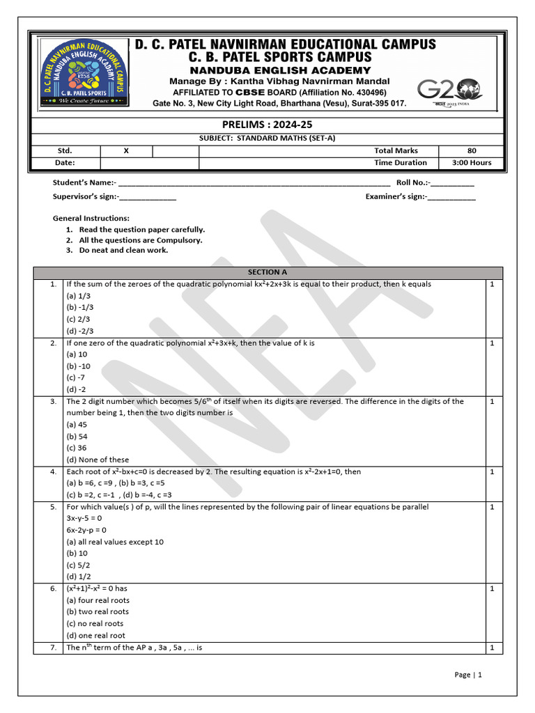 NEA 10th Maths PreBoards 1 SetA Standard | PDF | Circle | Area