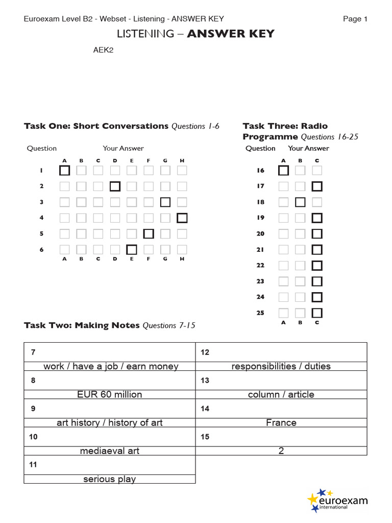 Euroexam B2 Listening Answer Key | PDF