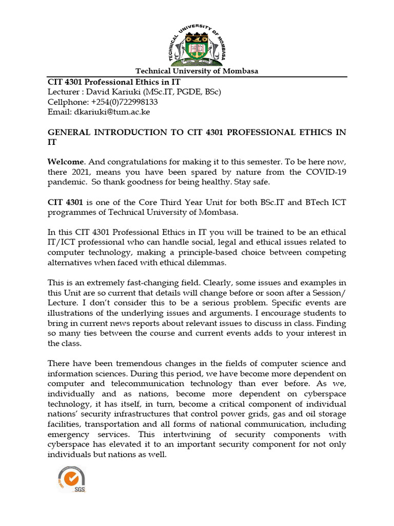 CIT 4301 Professional Ethics in IT COURSE OUTLINE and General ...