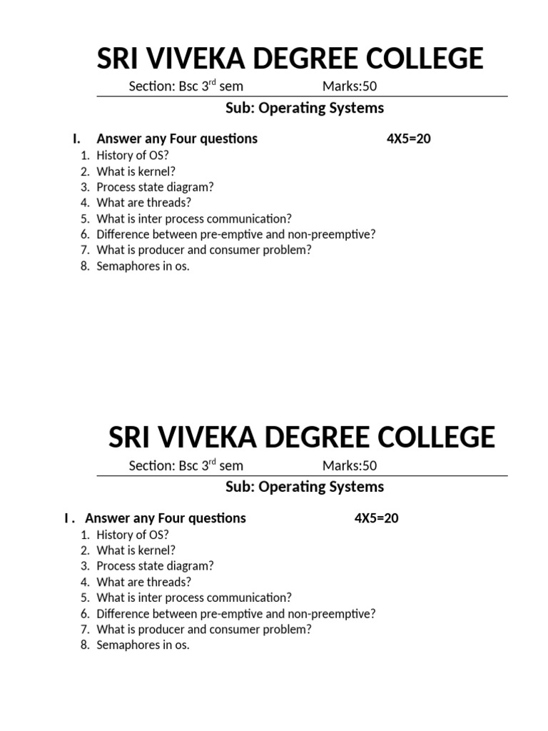 BSc 3rd Sem Operating Systems Exam Paper | PDF