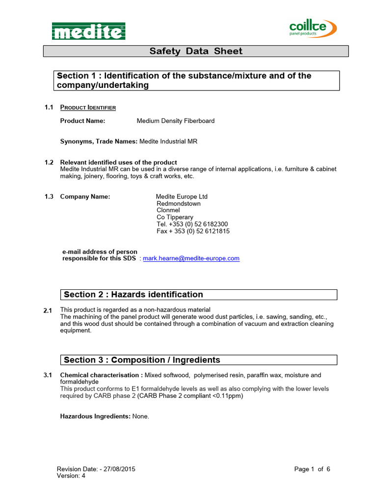 Medium Density Fiberboard Safety Data Sheet | PDF | Materials ...