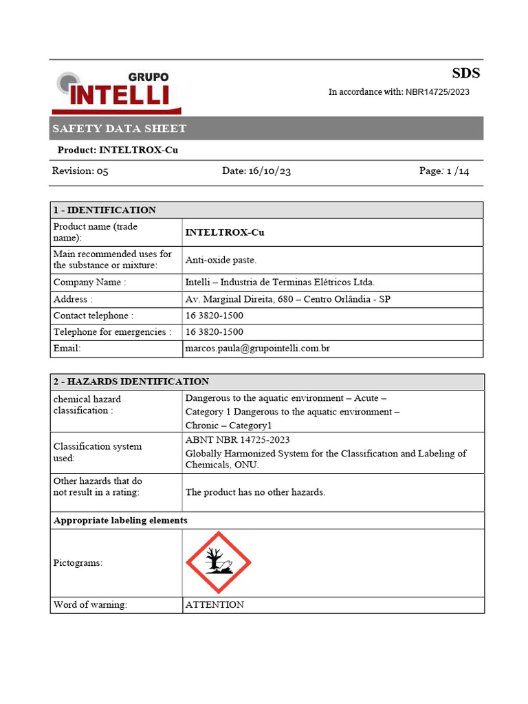 FISPQ - INTELTROX - Cu. FDS Atualizada - em Inglês 2023 | PDF | Personal Protective Equipment ...
