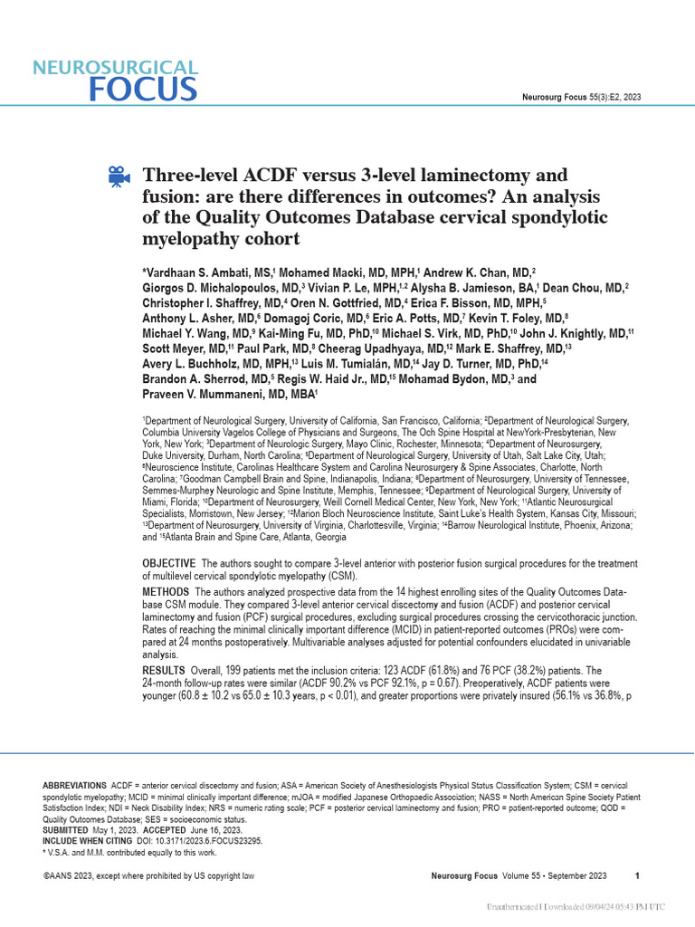 ACDF vs. PCF Outcomes in CSM Surgery | PDF | Neurosurgery | Clinical ...
