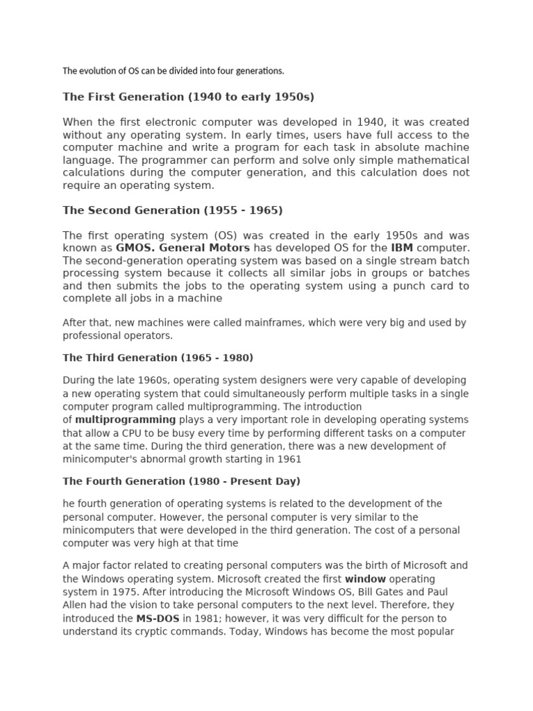 OS The Evolution of OS Can Be Divided Into Four Generations | PDF ...