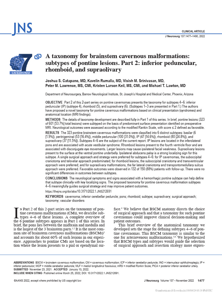 J Neurosurg Article p1477 | PDF | Brainstem | Anatomical Terms Of Location