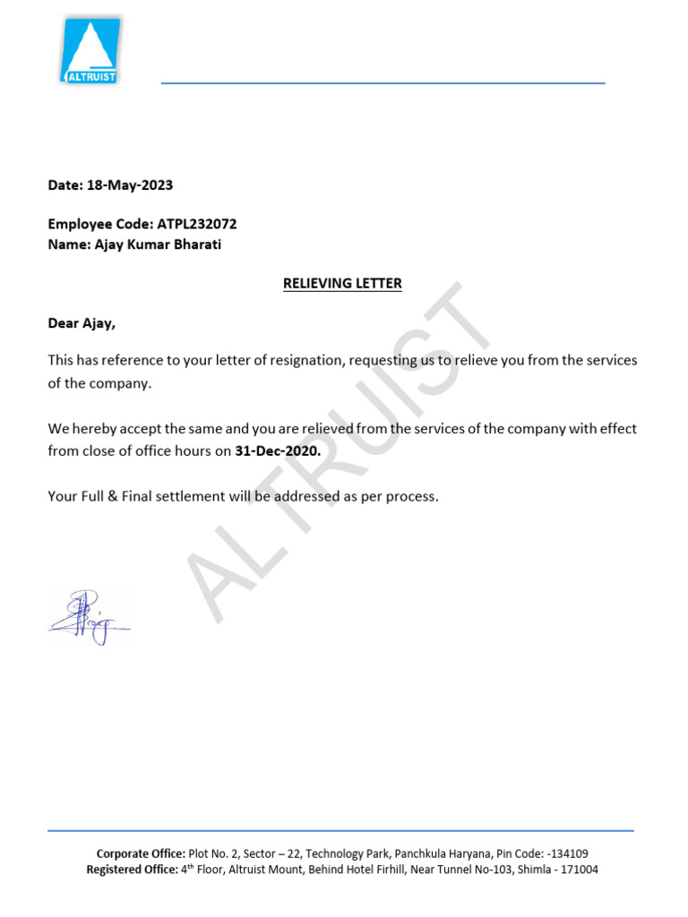 Relieving letter | PDF