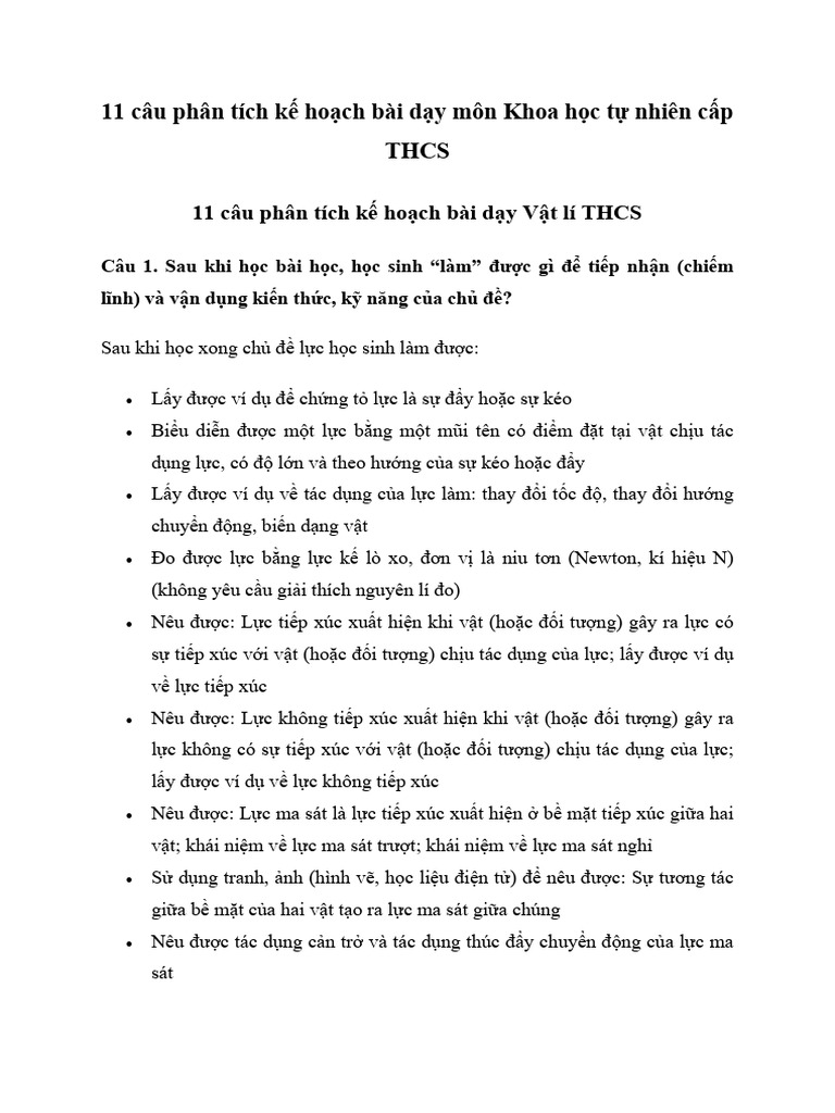 11 Cau Phan Tich Ke Hoach Bai Day Mon Khoa Hoc Tu Nhien Thcs | PDF