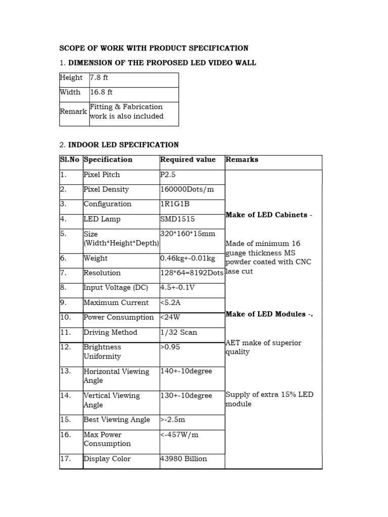 LED Video Wall Specifications & Scope | PDF | Electrical Engineering ...