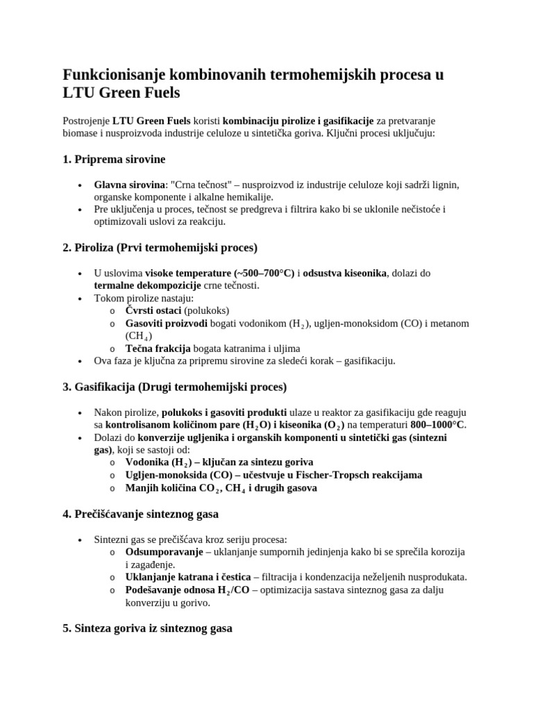 Funkcionisanje Kombinovanih Termohemijskih Procesa U LTU Green Fuels | PDF